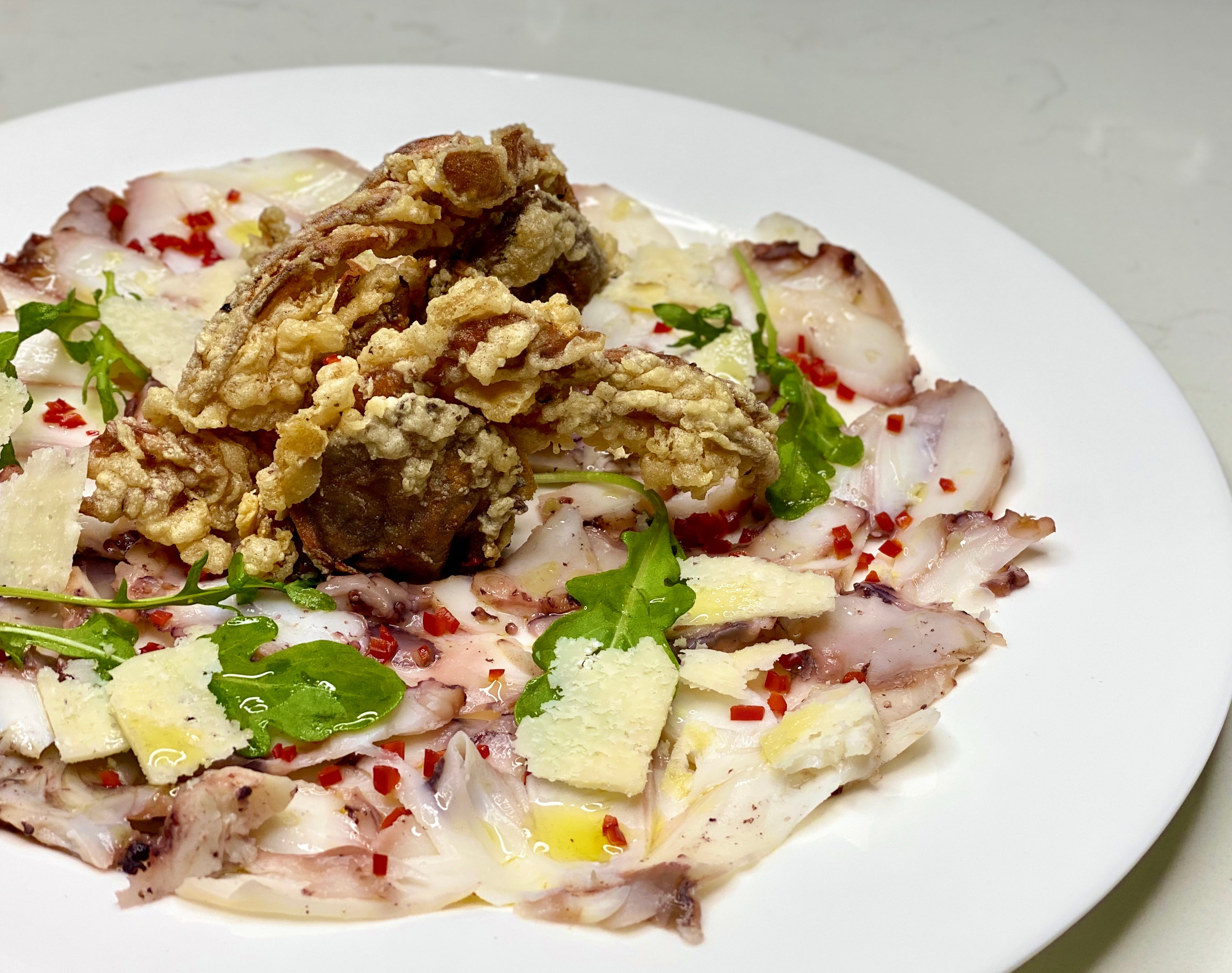 Octopus Carpaccio with Fried Soft Shell Crab – Reach My Kitchen